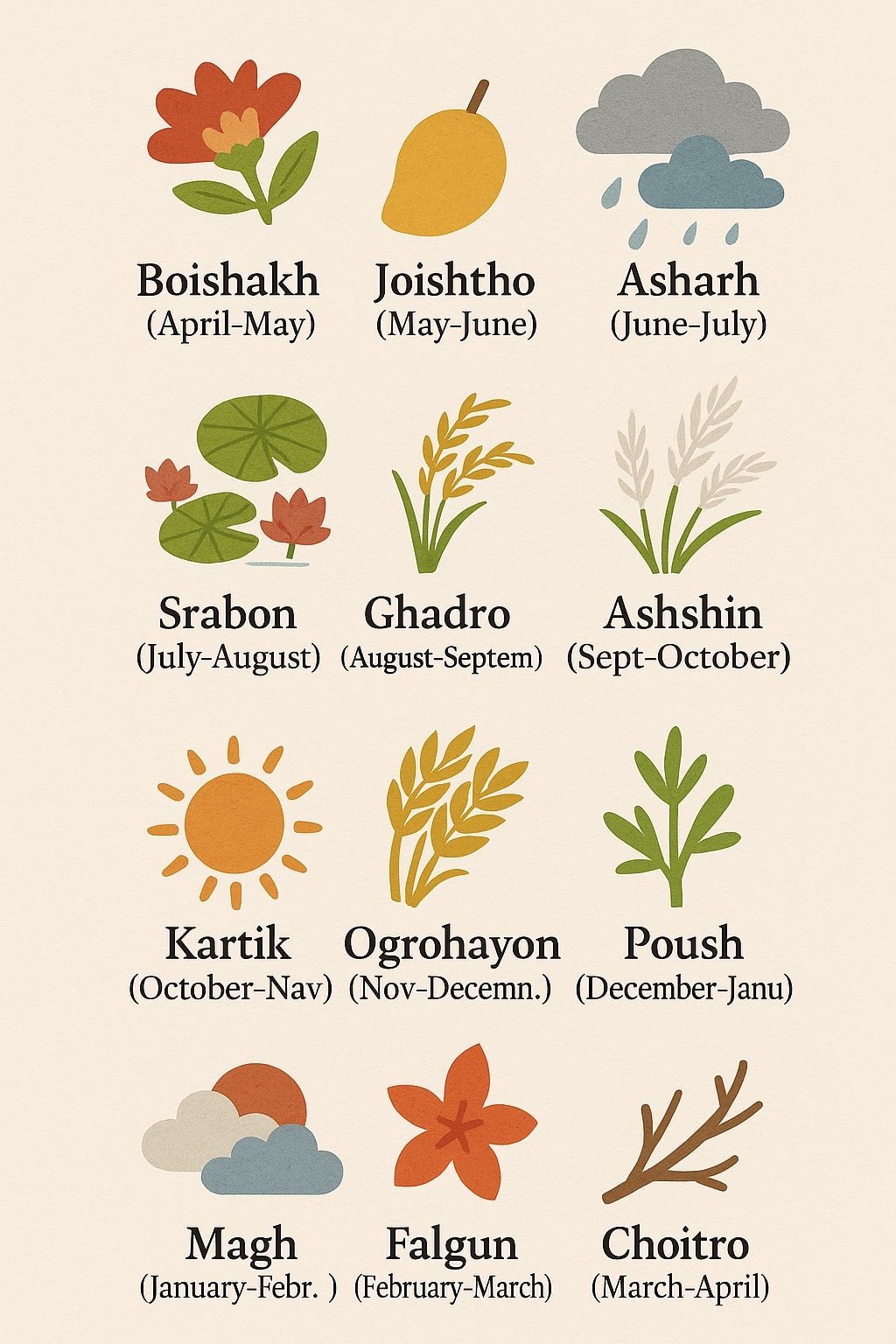 Names and Detailed Description of the 12 Months of the Bengali Calendar